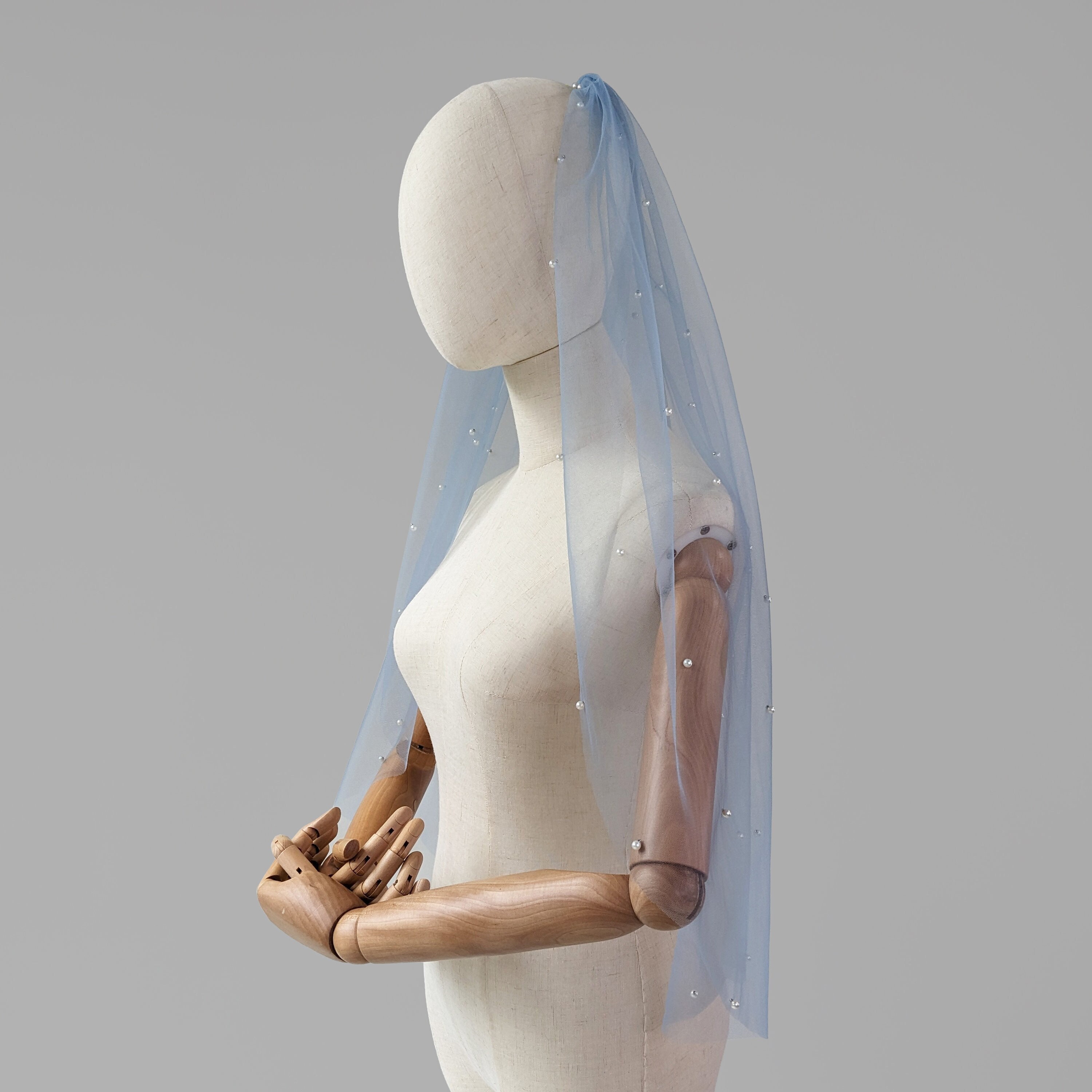 Dusty Blue Wedding Veil With Pearls, Dusty Sky Blue Color Fabric, White ...