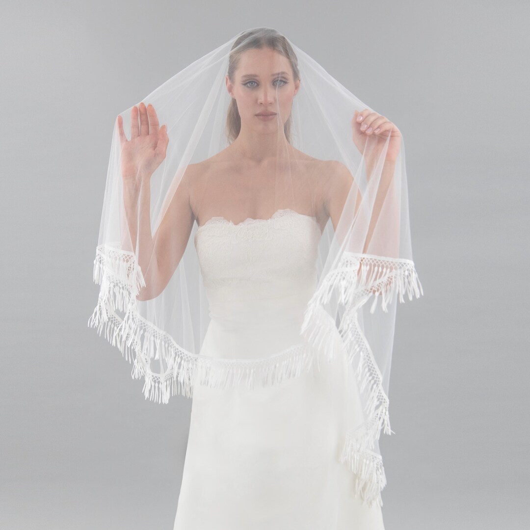 Bohemian Ivory Tassel Trim Veil, Two Tier Veil, White Ivory Tulle With ...