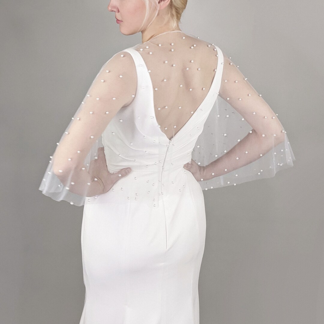 Pearl Cape - Bridal Capelet Scattered Pearls, Ivory Color Soft Tulle ...