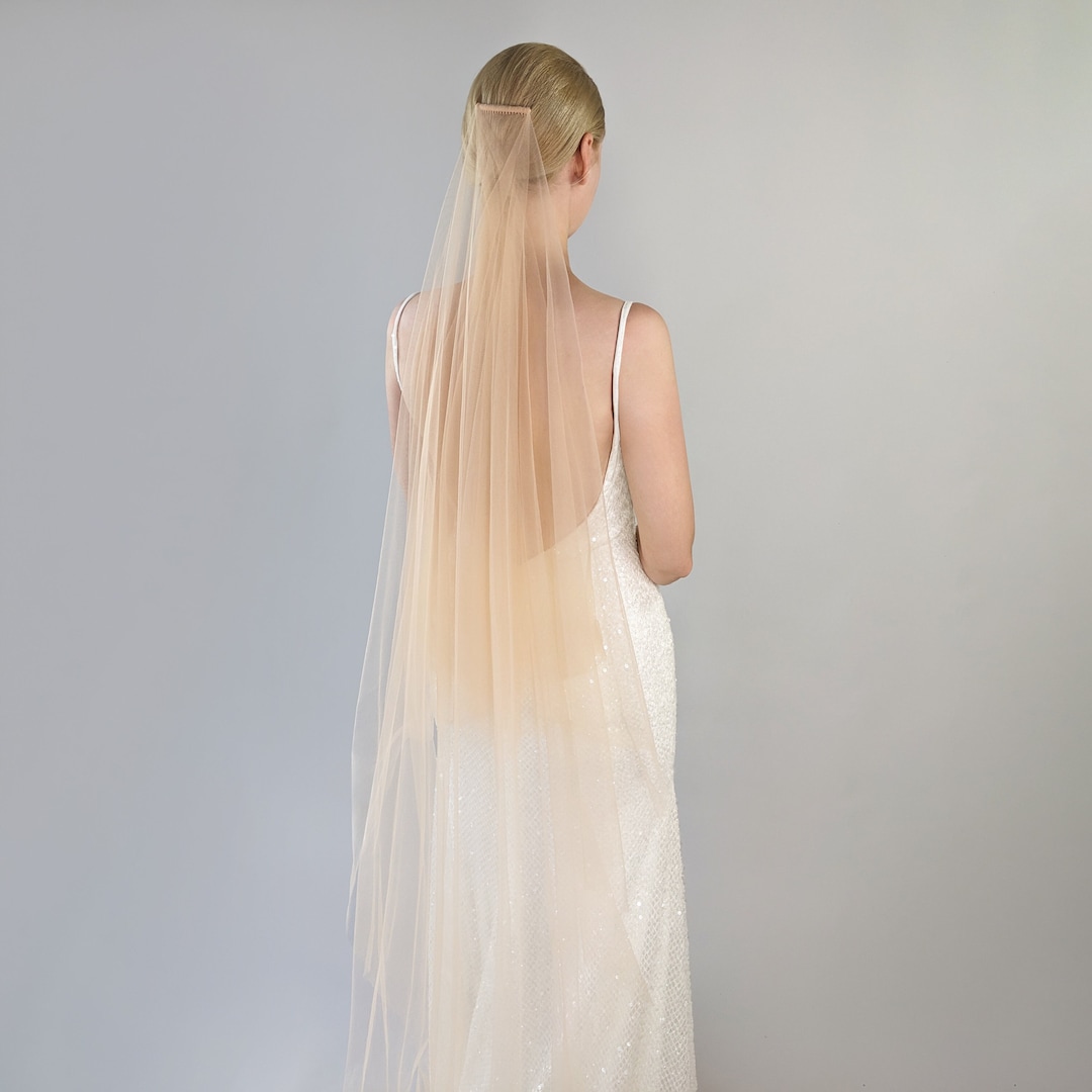 Dark Champagne Blusher Wedding Veil, Pastel Apricot Tulle, Minimalist ...