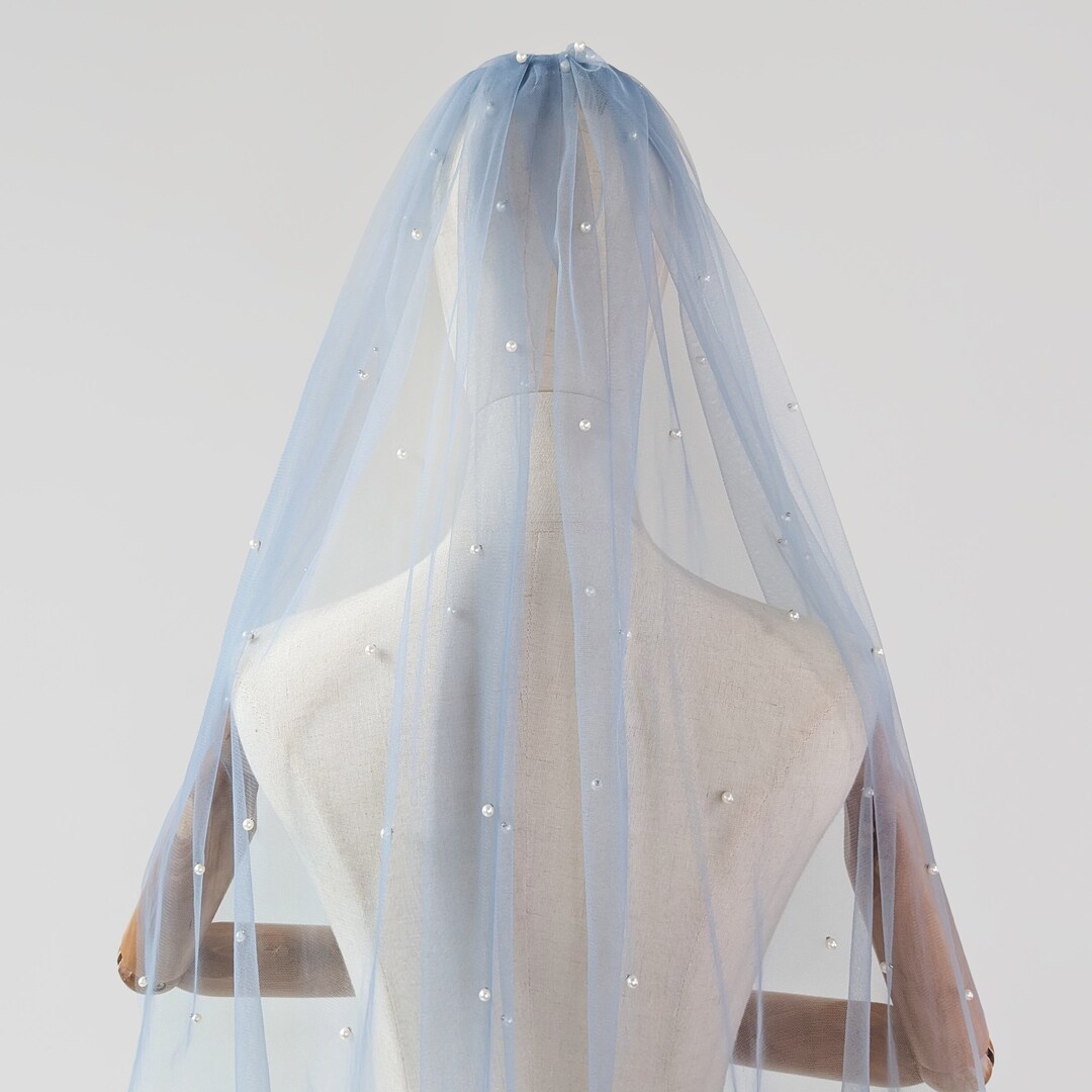 Pearl Embellished Dusty Blue Wedding Veil, Dusty Sky Blue Color Fabric ...