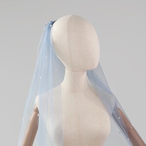 Pearl Embellished Dusty Blue Wedding Veil, Dusty Sky Blue Color Fabric ...