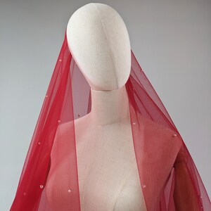 Red Rose Wedding Veil With Pearls, Bright Red Tulle With White Regular ...