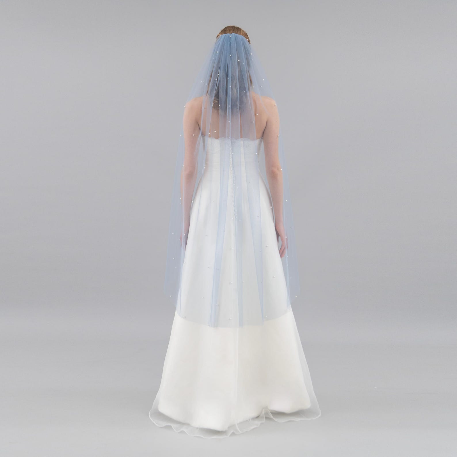 Pearl Embellished Dusty Blue Wedding Veil: Silver Comb, Scattered ...