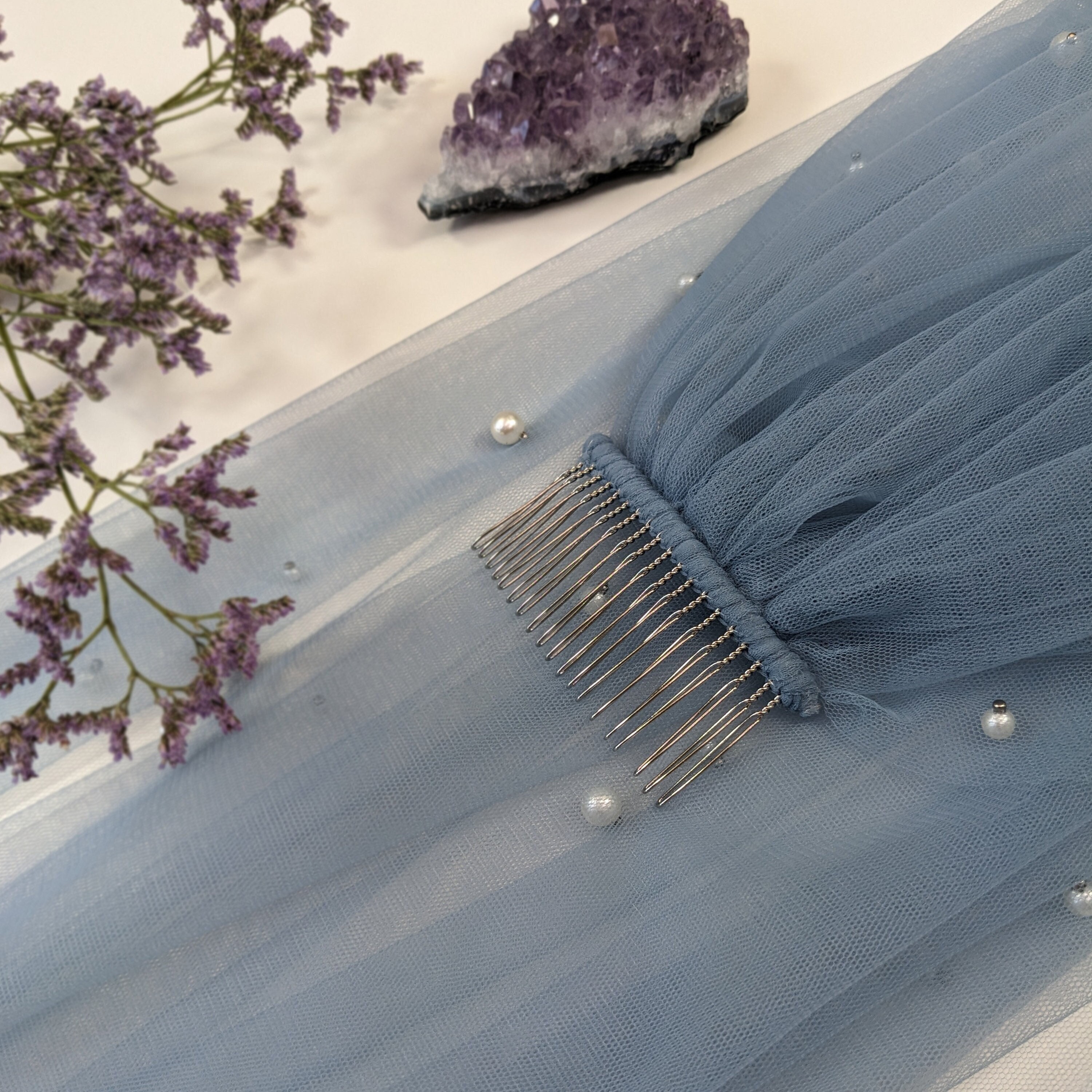 Pearl Embellished Dusty Blue Wedding Veil, Dusty Sky Blue Color Fabric ...