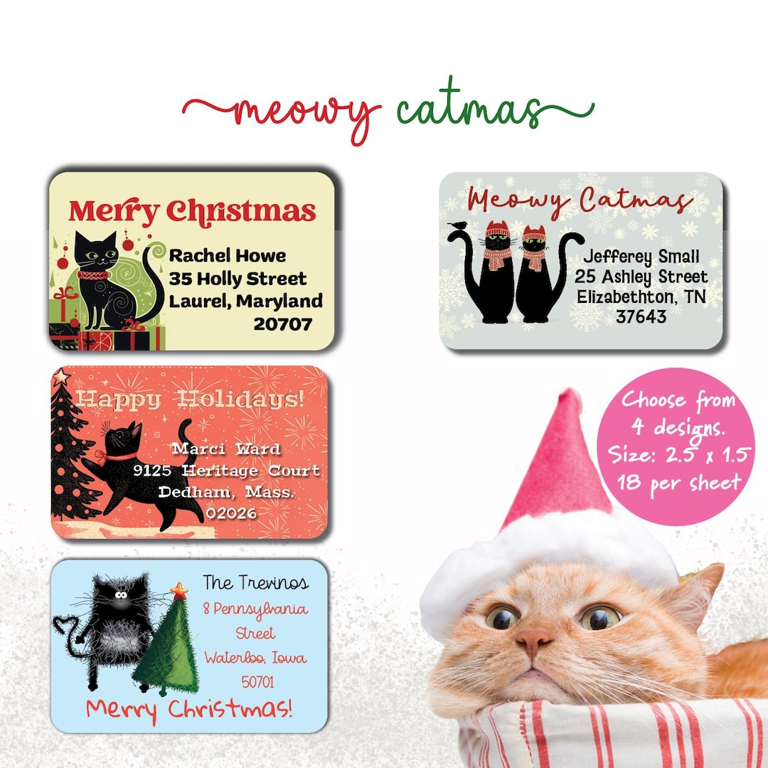 Meowy Catmas Christmas Return Address Labels Cats Kittens Cattitude ...