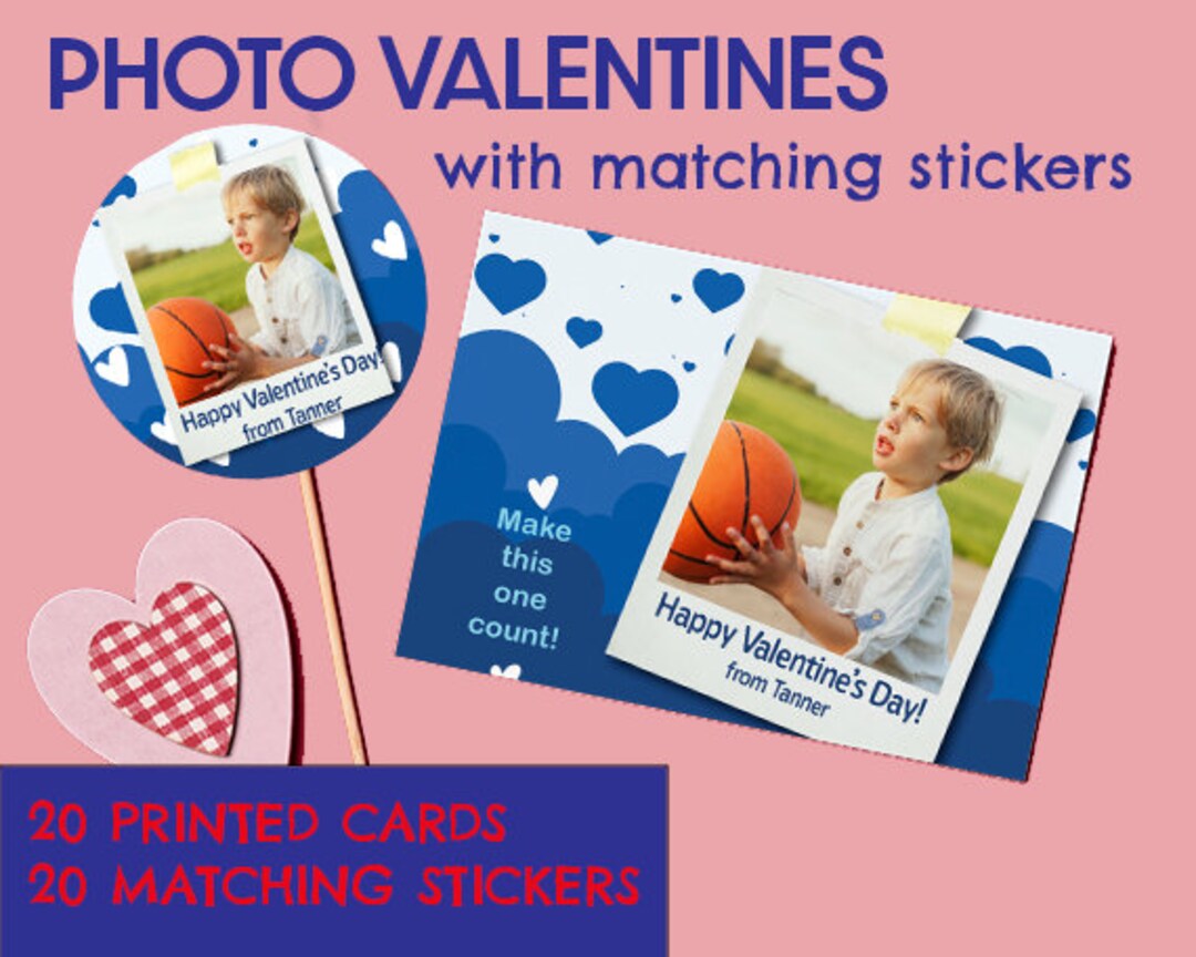 Blue PHOTO Valentine With Matching Stickers Send Us Your PHOTO - Etsy