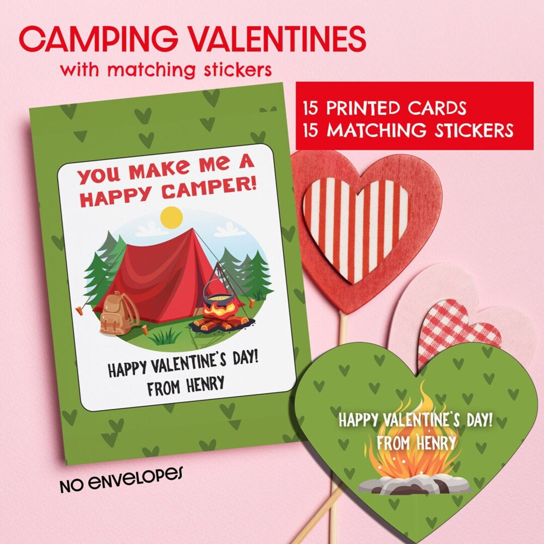 Camping Valentines With Matching Heart Stickers for School Parties - Etsy
