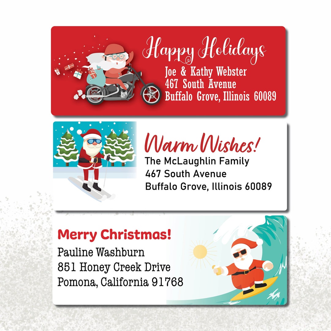 Santa Claus Return Address Label Beach Surfing Skiing Motorcycle Santa ...