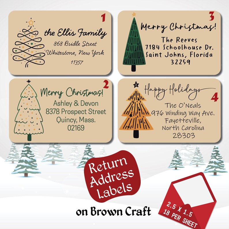 Christmas Return Address Labels: Elegant Trees on Brown Kraft - Etsy