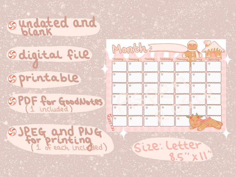 Cute Gingerbread Undated Printable Calendar / Cute Digital Calendar ...