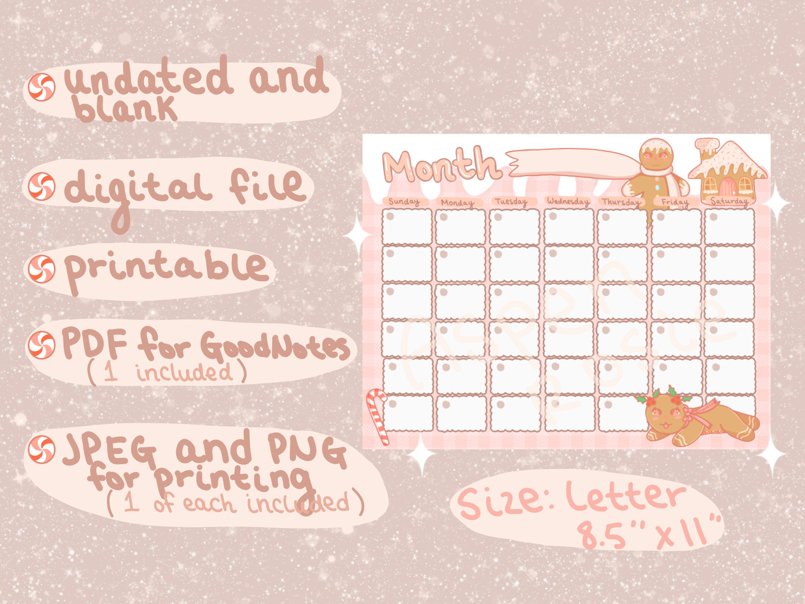 Cute Gingerbread Undated Printable Calendar / Cute Digital Calendar ...