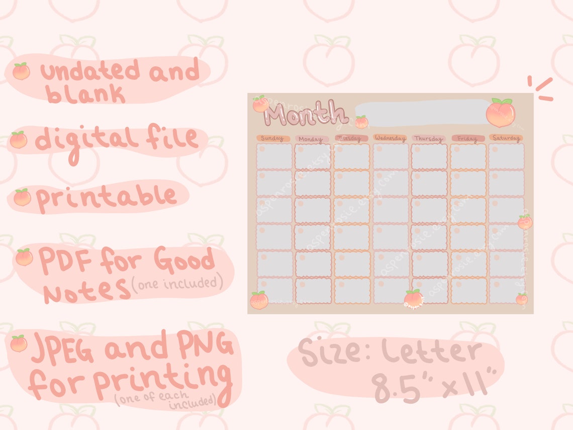 Cute Peach Undated Printable Calendar / Cute Digital Calendar / Kawaii ...