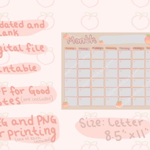 Cute Peach Undated Printable Calendar / Cute Digital Calendar / Kawaii ...