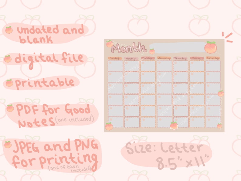 Cute Peach Undated Printable Calendar / Cute Digital Calendar / Kawaii ...