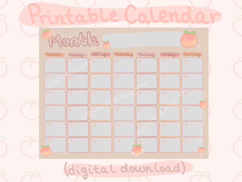 Cute Peach Undated Printable Calendar / Cute Digital Calendar / Kawaii ...