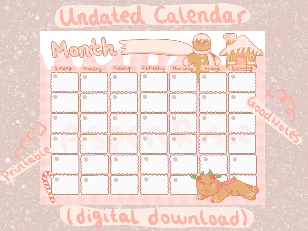 Cute Gingerbread Undated Printable Calendar / Cute Digital Calendar ...