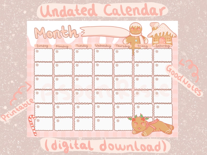 Cute Gingerbread Undated Printable Calendar / Cute Digital Calendar ...