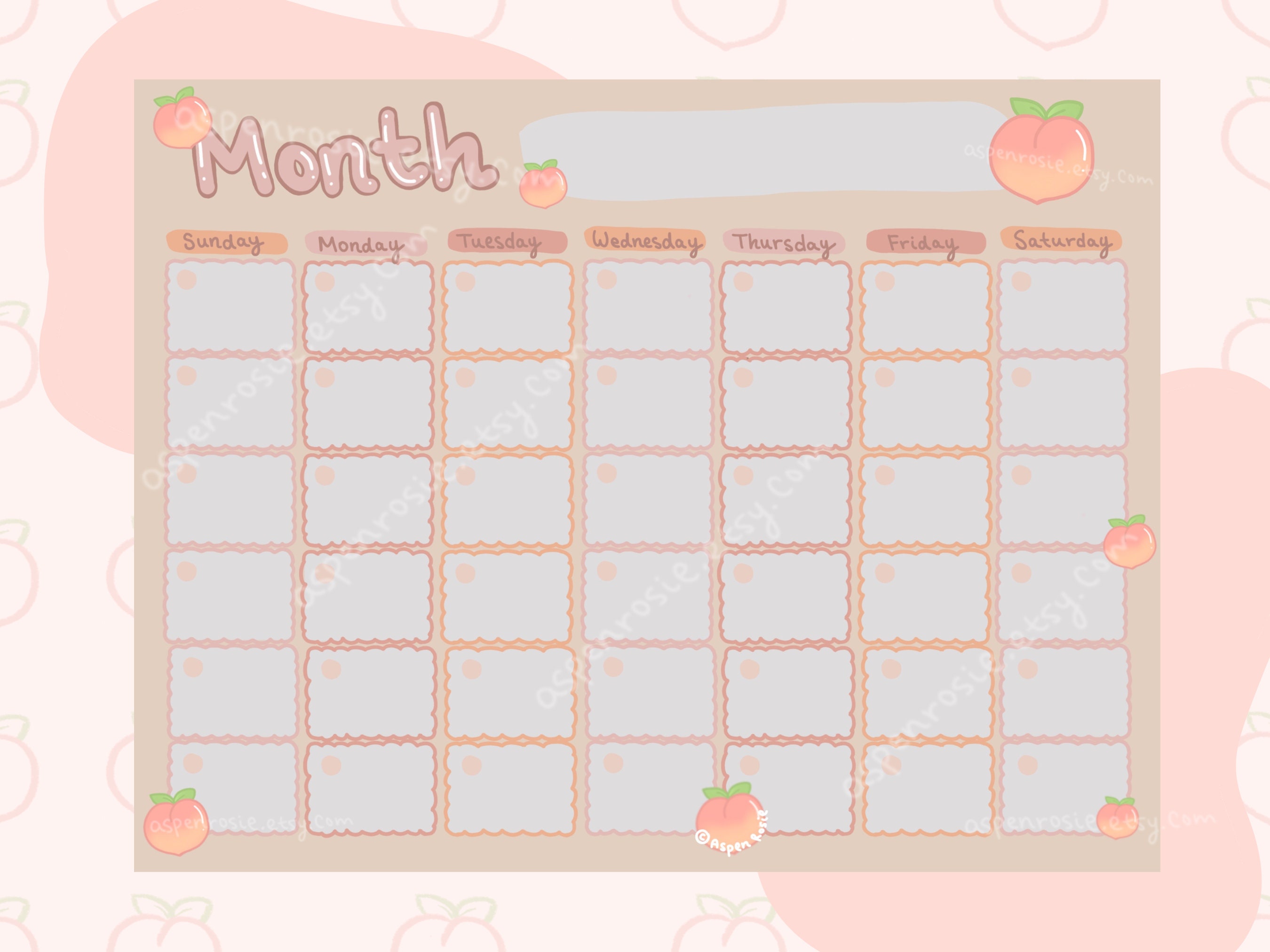 Cute Peach Undated Printable Calendar / Cute Digital Calendar / Kawaii ...