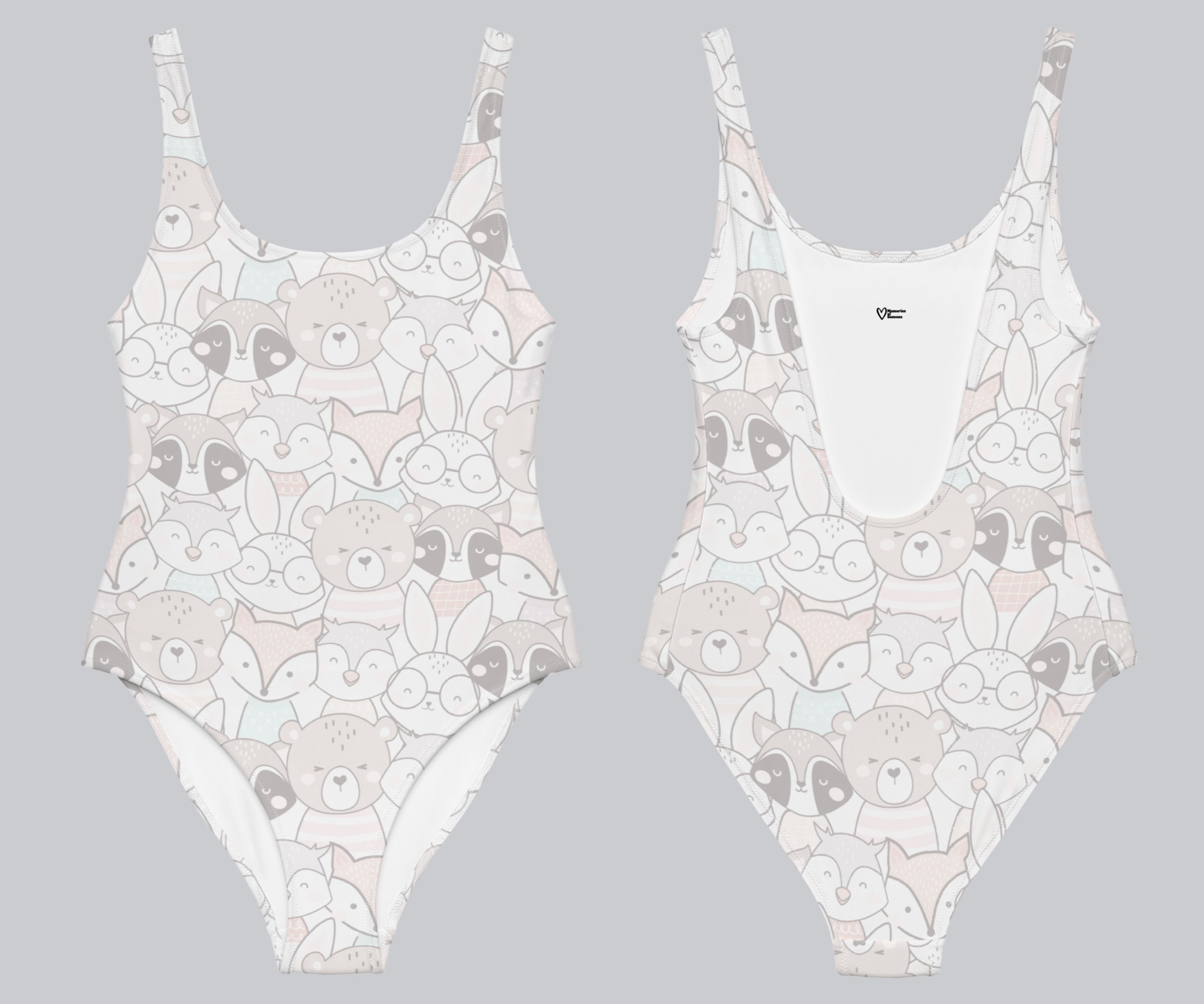 White One Piece Swimsuit With Kawaii Woodland Animal Graphic Print ...
