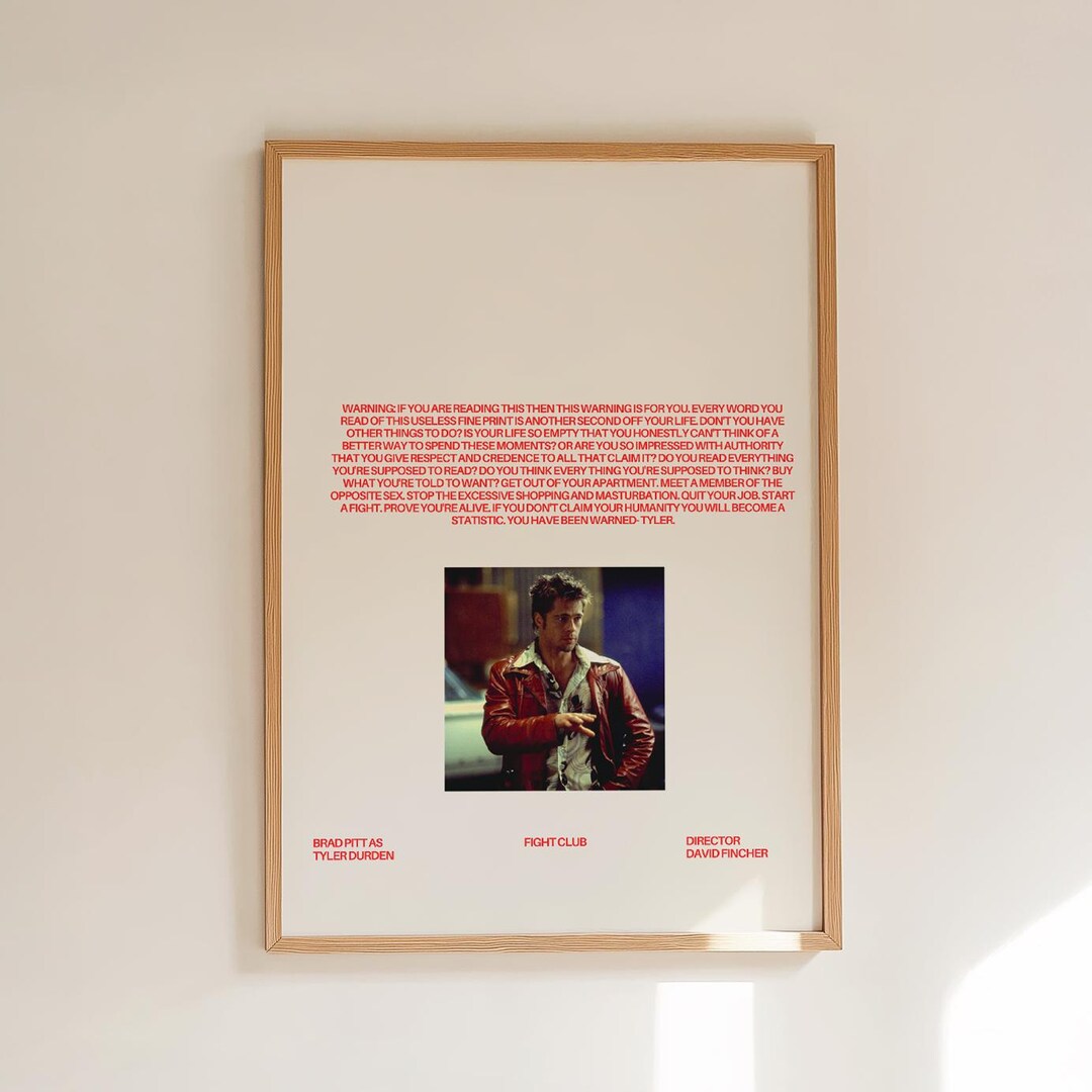Fight Club Poster – Tyler Durden Quote, Minimalist Movie Art -brad Pitt ...