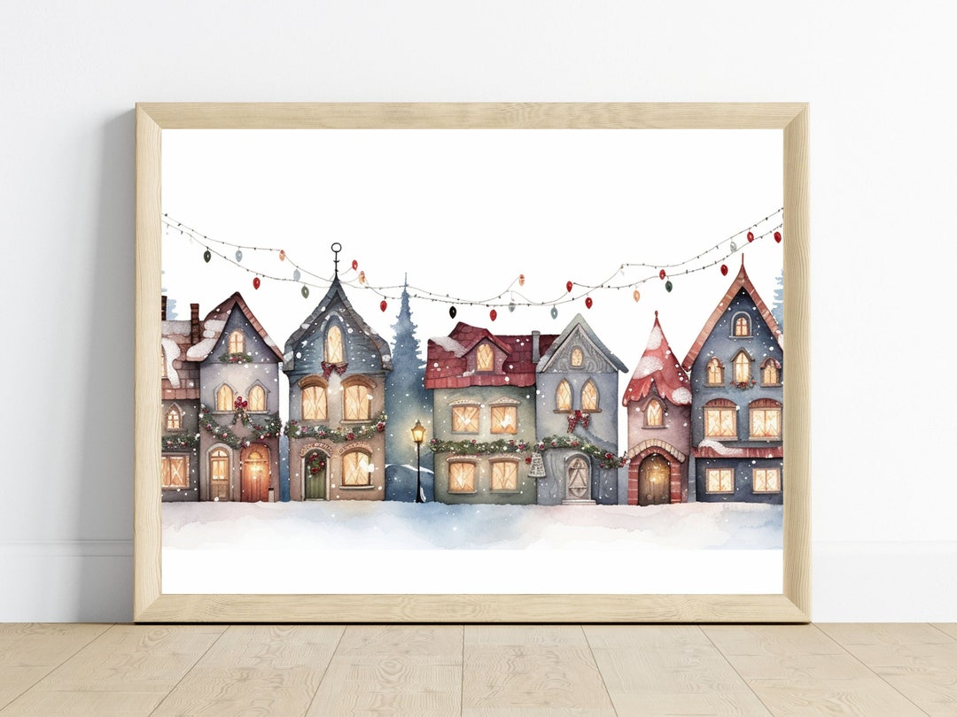 Printable Christmas Village Print, Winter Art Print, Digital Download ...