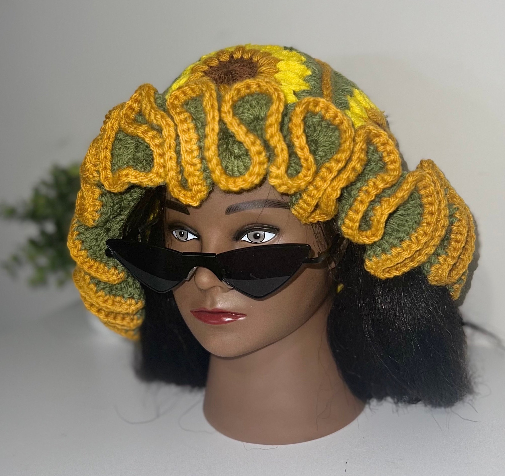 Sunflower Granny Square Ruffled Brim Crocheted Hat - Etsy