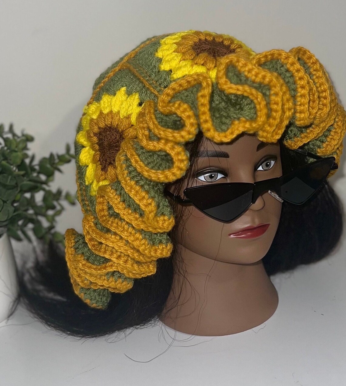 Sunflower Granny Square Ruffled Brim Crocheted Hat - Etsy