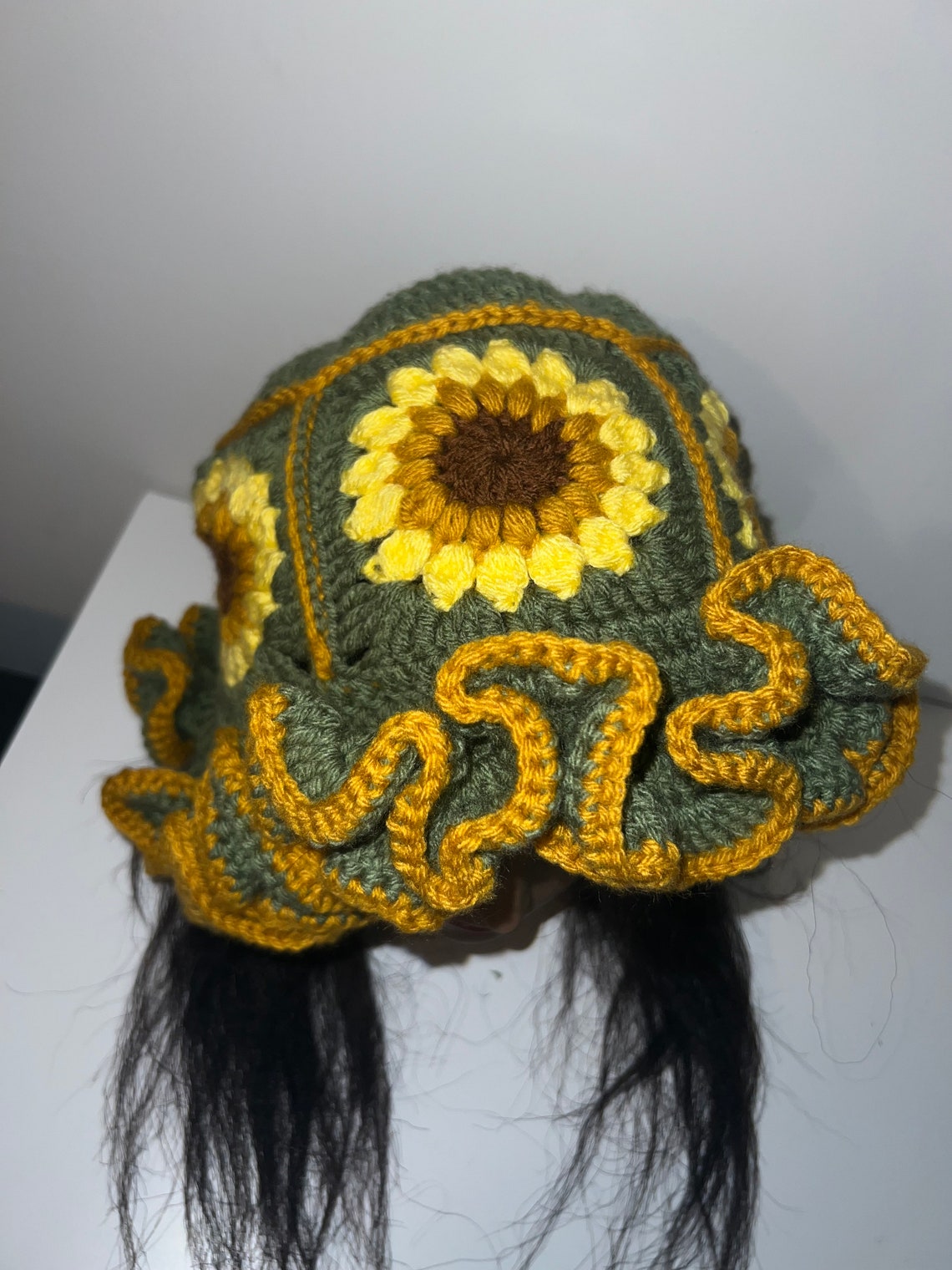 Sunflower Granny Square Ruffled Brim Crocheted Hat - Etsy