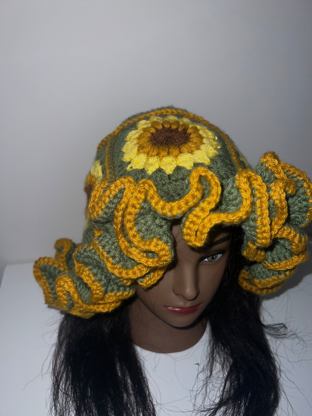 Sunflower Granny Square Ruffled Brim Crocheted Hat - Etsy