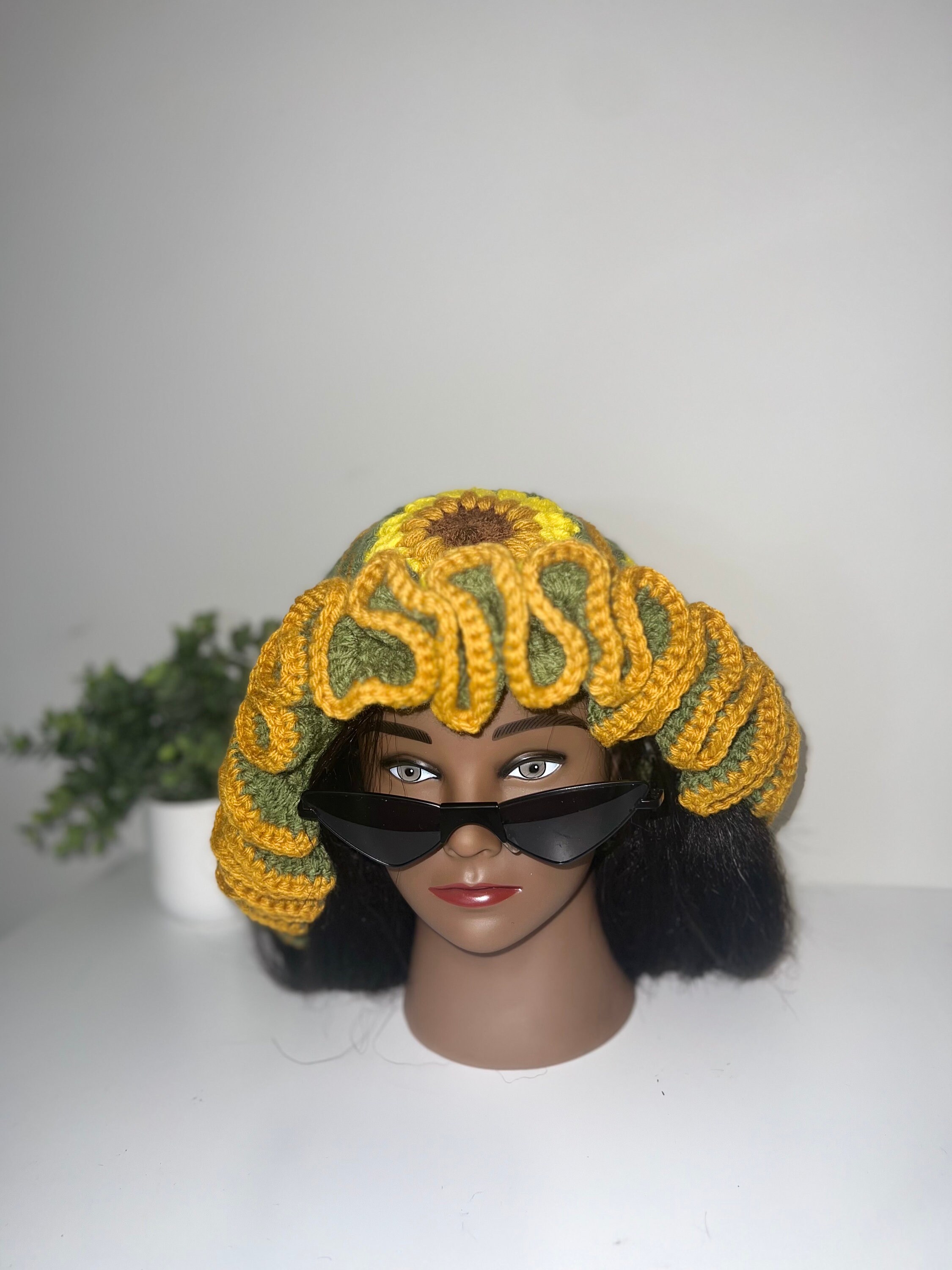 Sunflower Granny Square Ruffled Brim Crocheted Hat - Etsy