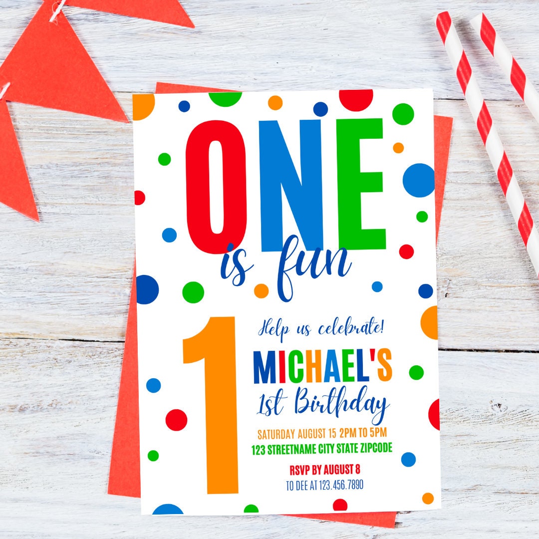 ONE IS FUN 1st Birthday Invitation Colorful 1st Birthday Invitation ...