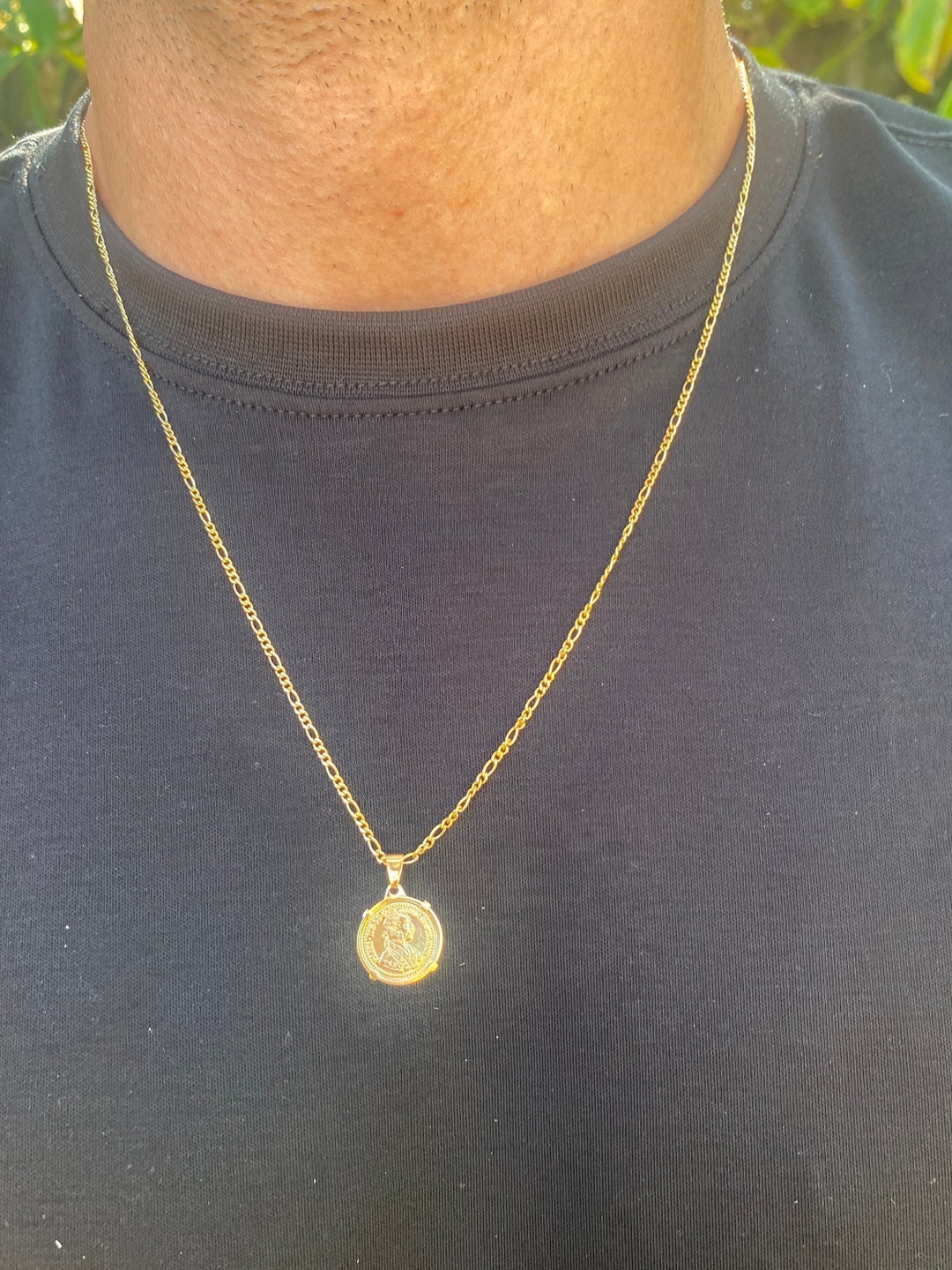 18K Mens Necklace With Coin Charm, Gold Filled Rope Chain for Man ...