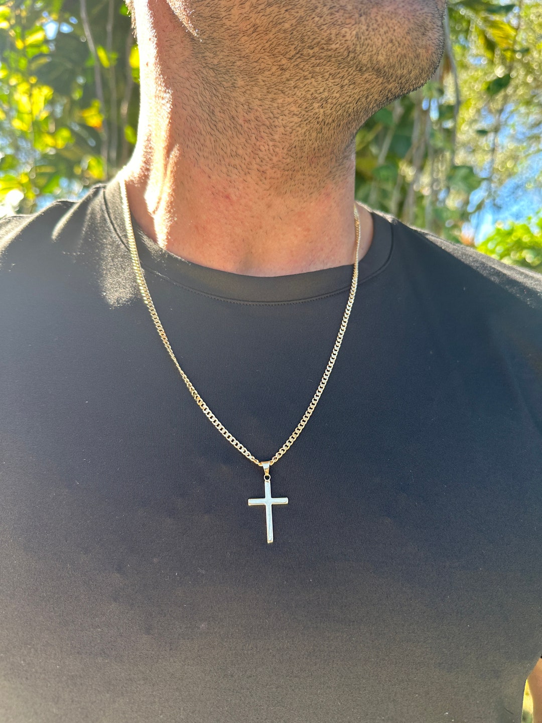 18K Mens Gold Cross Necklace, Curb Chain, Catholic Necklace, Layering ...