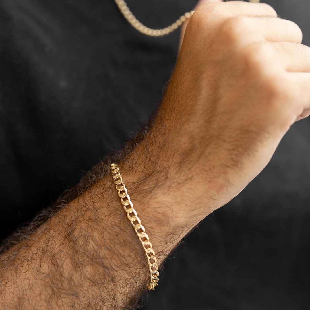 18K Mens Gold Filled Bracelet, Mens Curb Chain Bracelet, Thick Gold ...