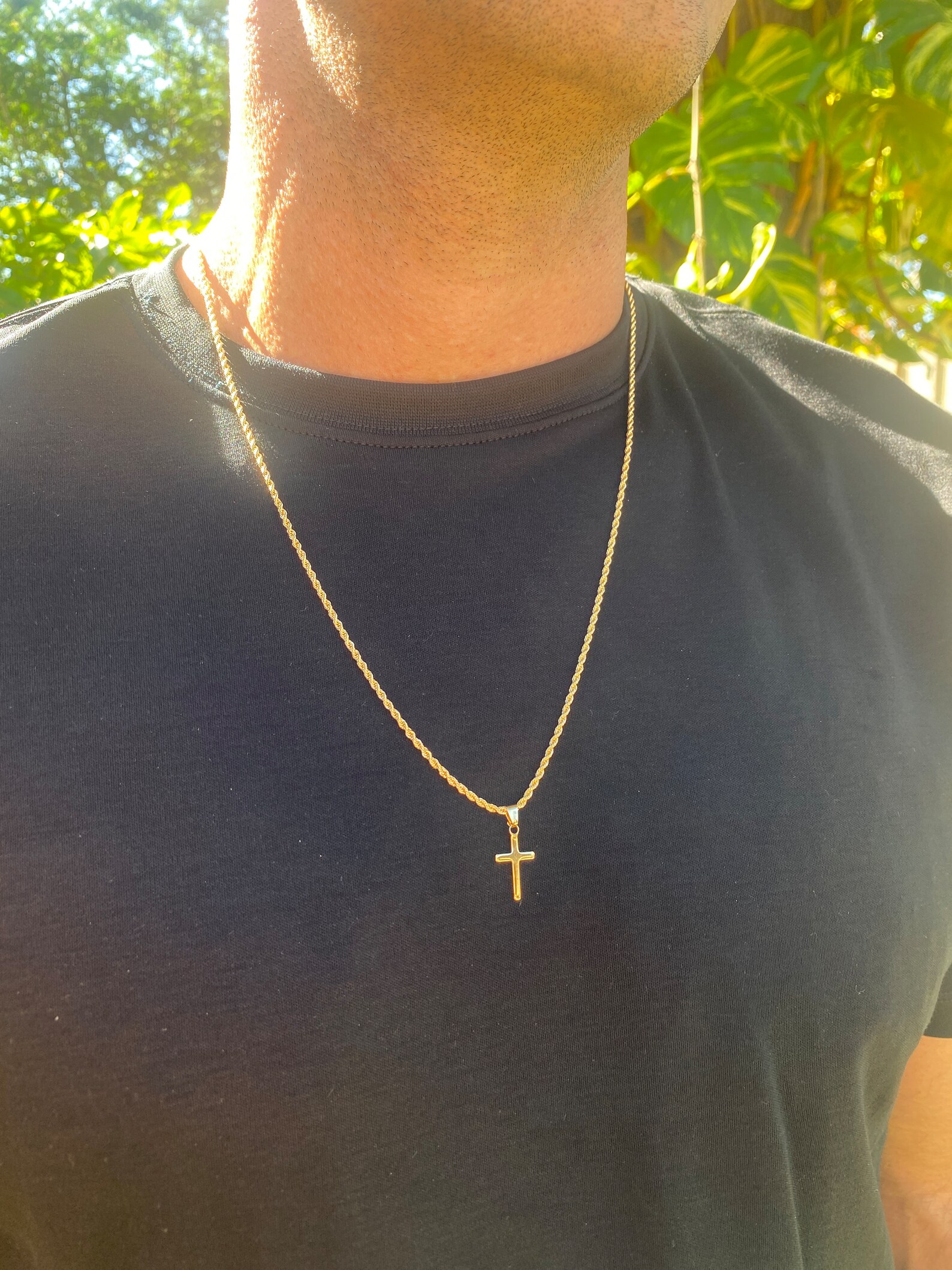 18K Mens Cross Necklace on Rope Chain, Religious Gift for Man, Catholic ...