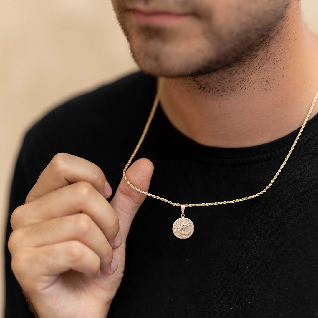 18K St Michael the Archangel Charm Necklace for Men, 22" 24" Gold ...