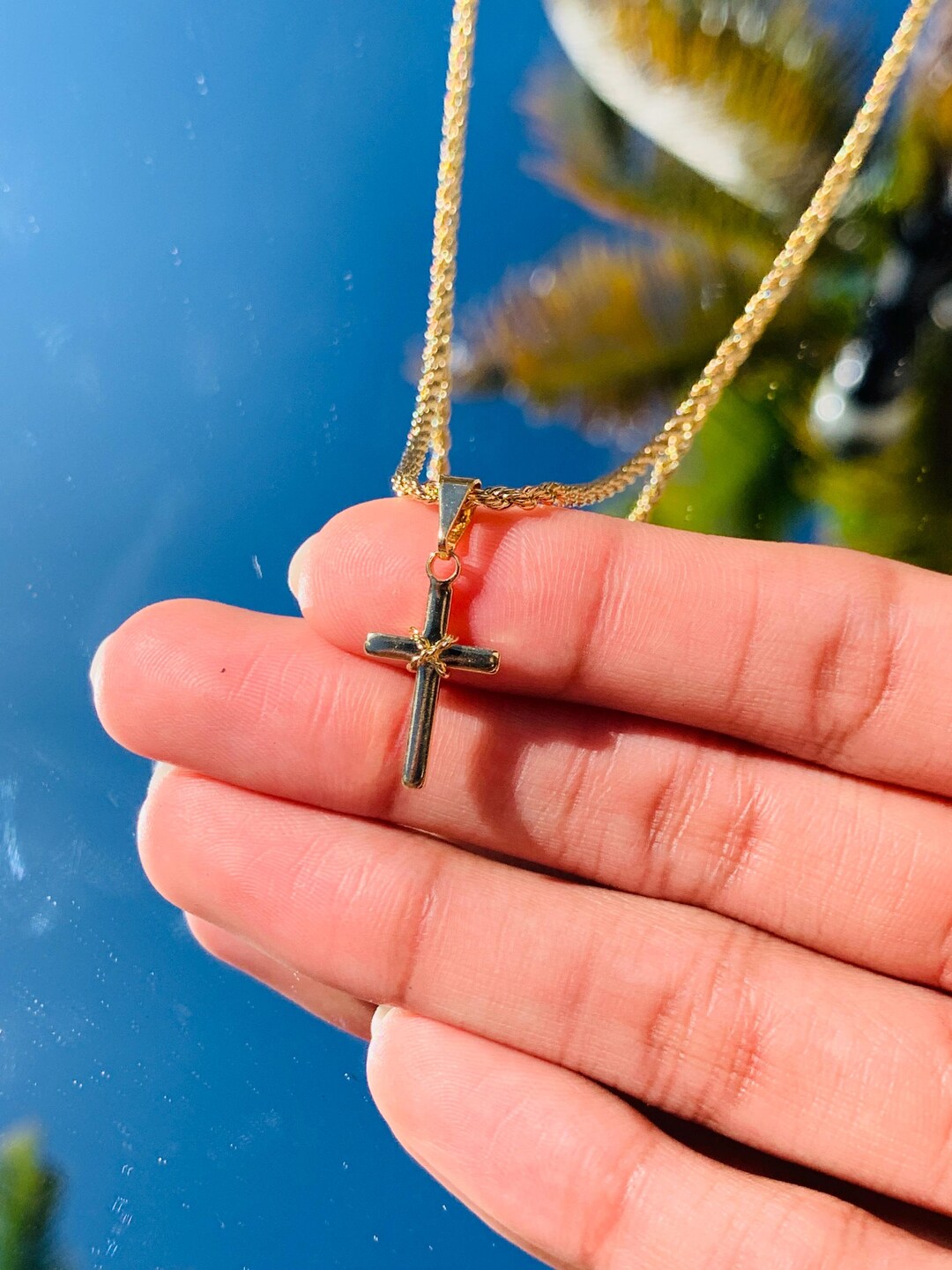 18K Men's Gold Cross Necklace, Gold Cross Chain Pendant, Men's Gold ...