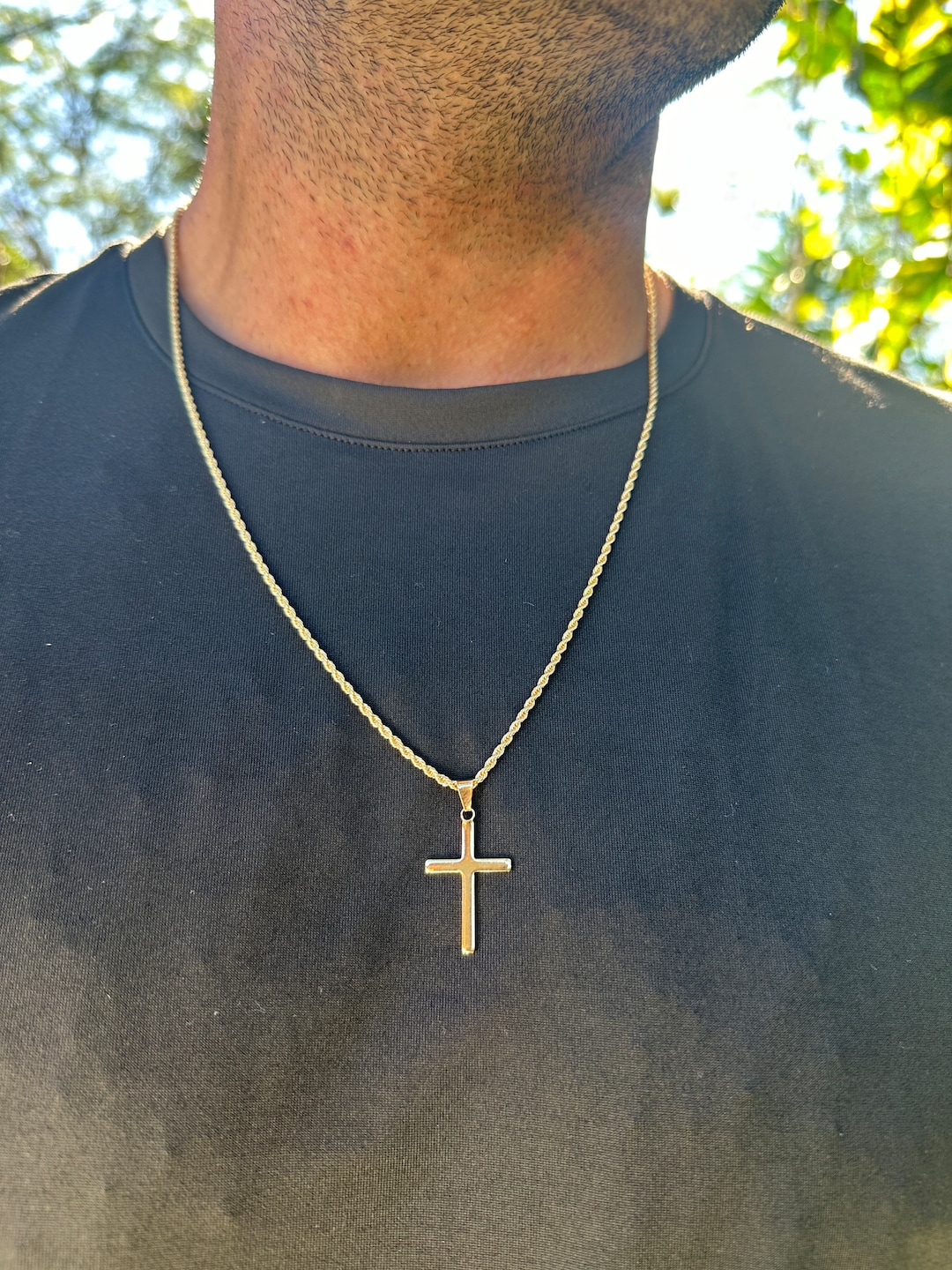Mens Gold Cross Necklace, Rope Chain, Gift for Him, Gold Filled Chain ...