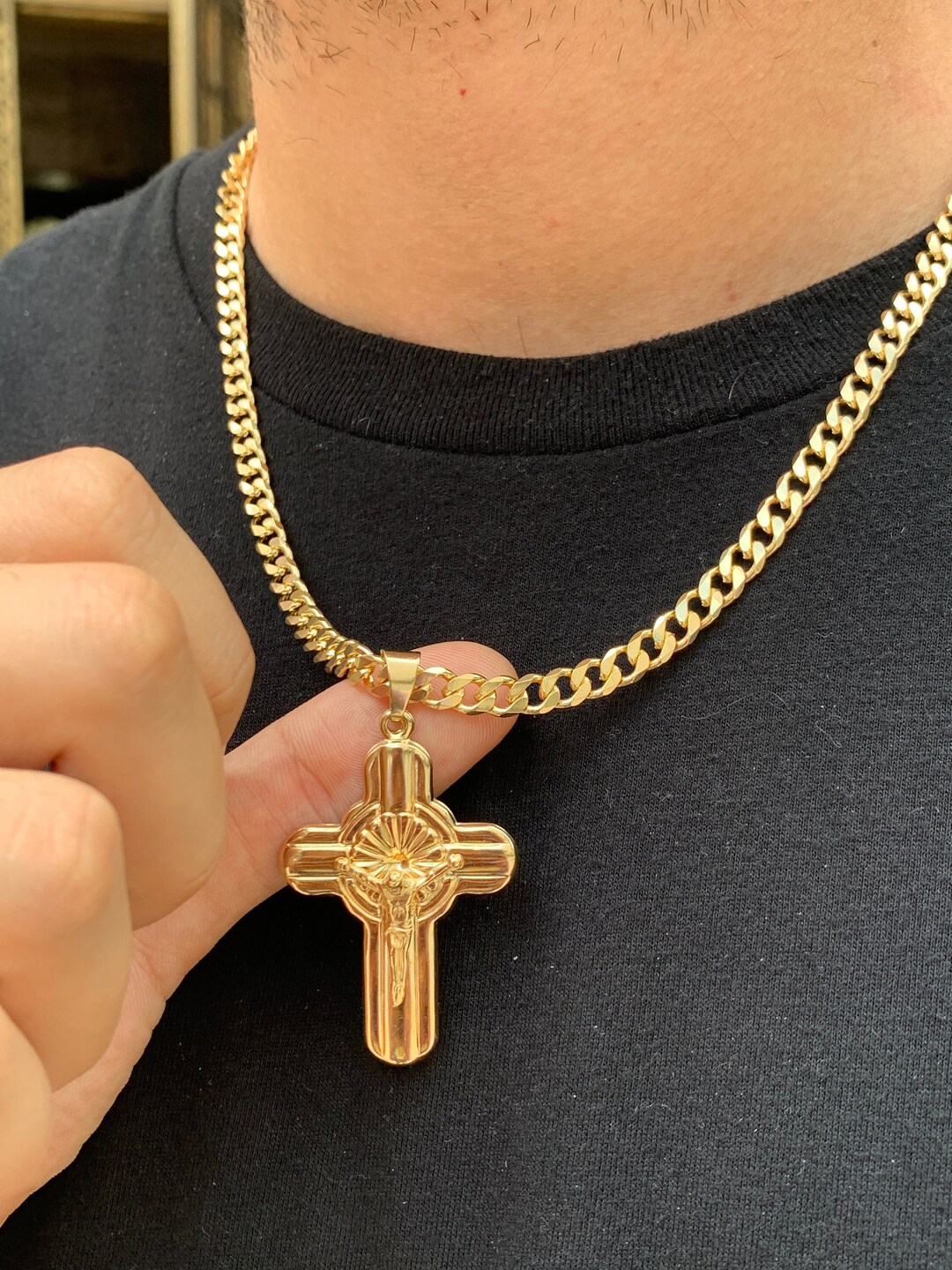 18K Men's Cross Necklace, Catholic Necklace, Cross Necklace, Religious ...