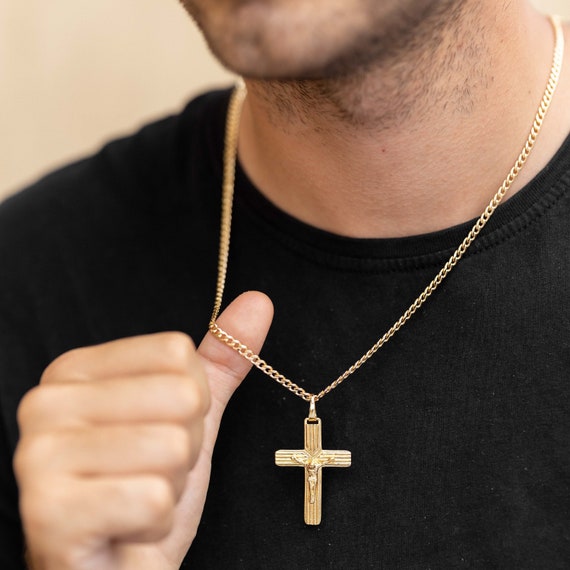 18K Gold Cuban Link Crucifix for Men Cross Necklace on Curb Chains Mens Necklace Waterproof Necklace Cross Jewelry for Man Gift for Him Etsy