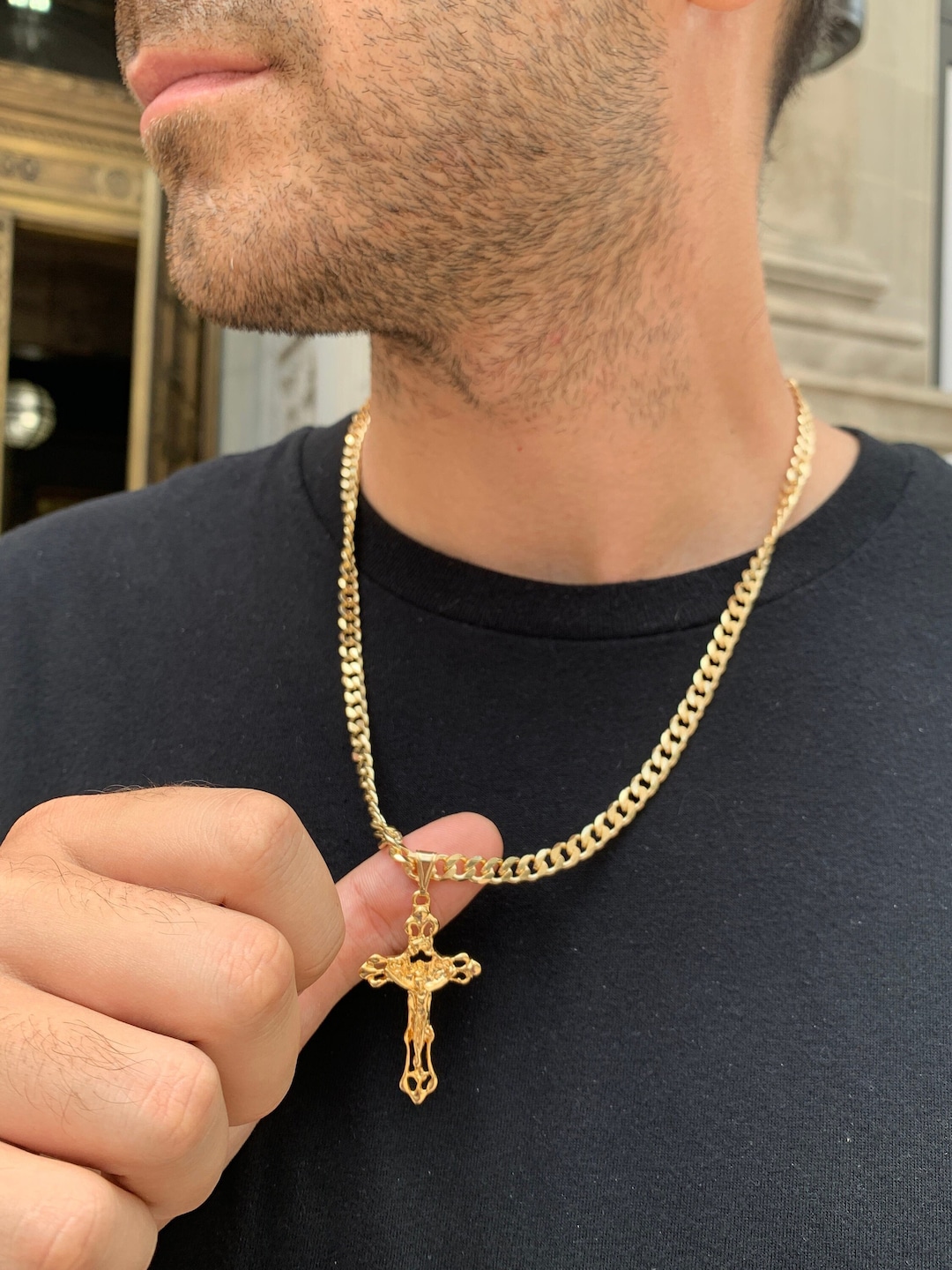 18K Men's Cross Necklace, Catholic Necklace, Cross Necklace, Religious ...
