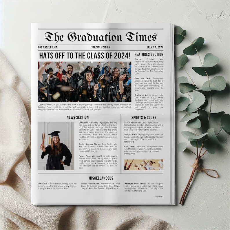 Graduation Newspaper Template, 2-page Editorial Newspaper, Senior ...