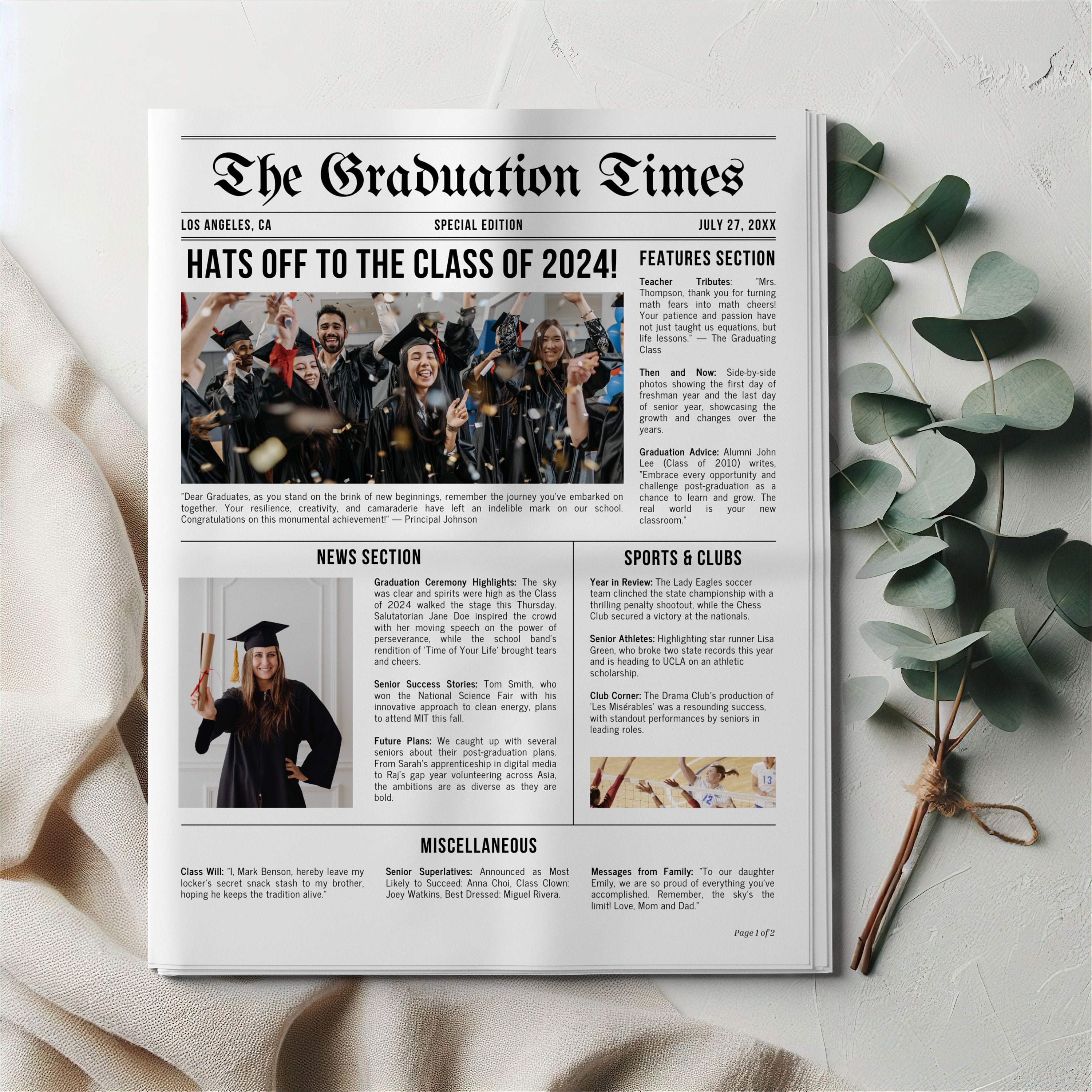 Graduation Newspaper Template, 2-page Editorial Newspaper, Senior ...