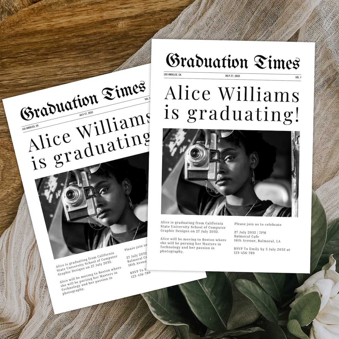 Graduation Party Invitation, Newspaper Announcement Template With Photo ...