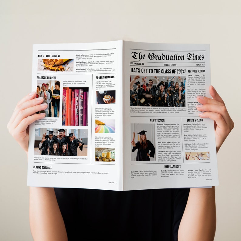 Graduation Newspaper Template, 2-page Editorial Newspaper, Senior ...