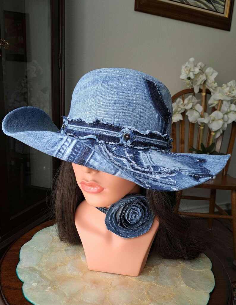 Upcycled Denim Bucket Sun Hat With Patchwork ,distressed Headband and ...