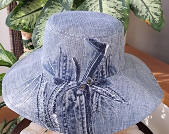 Denim Sun Hat With Unique Patchwork Embroidery and Rivets - Etsy