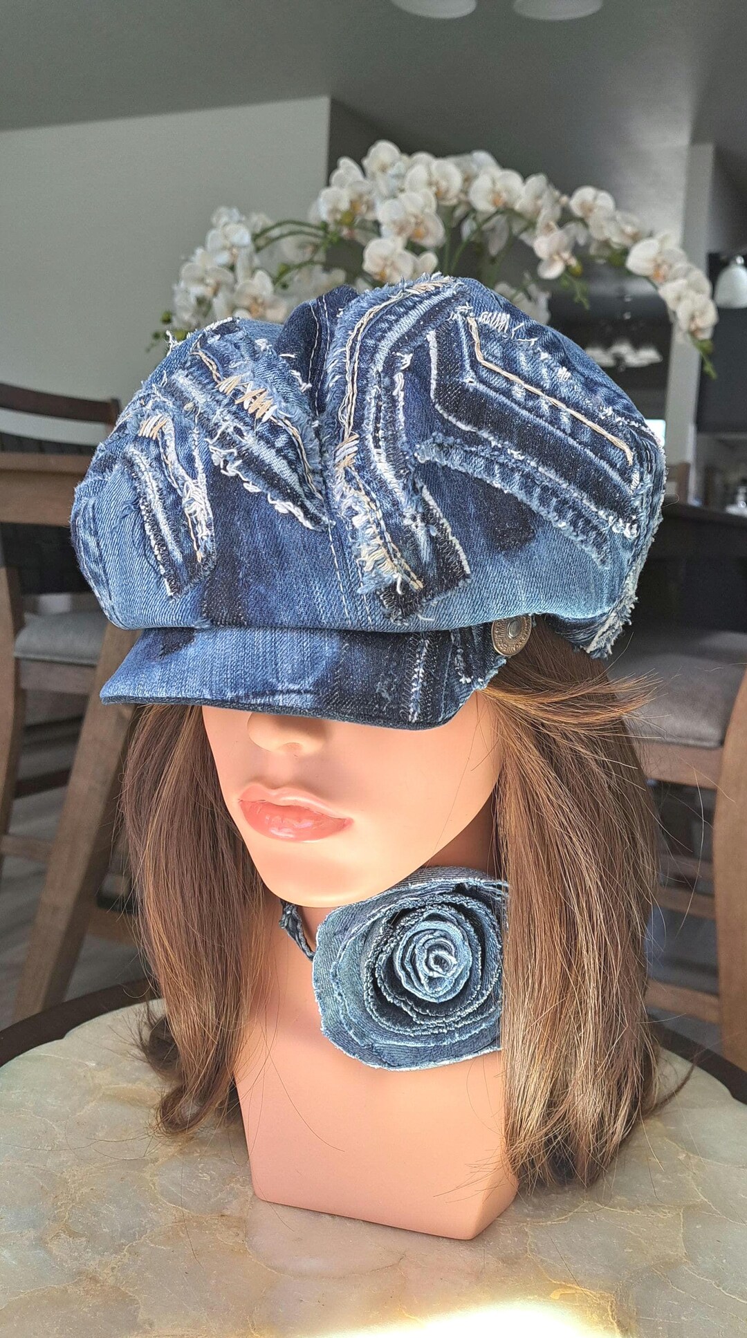 Upcycled 22.5"/57cm. Denim Newsboy Hat With Patchwork, Embroidery and ...