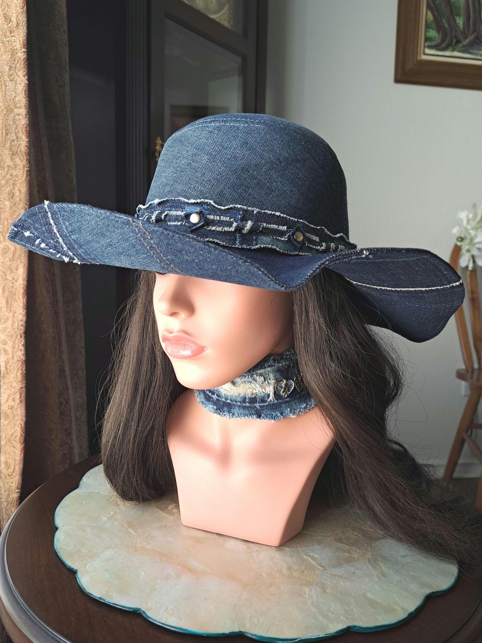 Upcycled Denim Hat With Patchwork ,distressed Headband and Golden ...